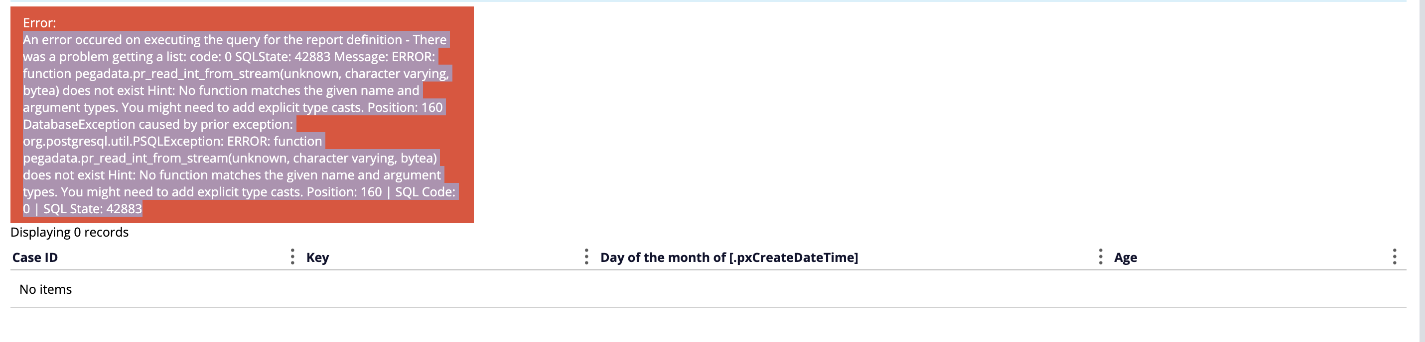 Report Definition Error for Unoptimized property | Support Center